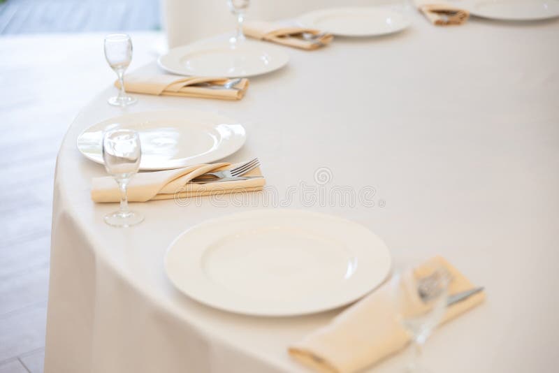 Table Setting Element Empty Plates with Cutlery on White Tablecloth ...