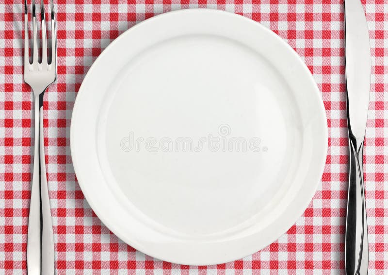 Table Setting, Empty Plate and Silverware on Red Towel, Top View Stock ...