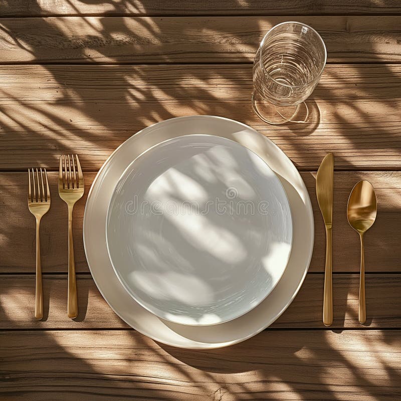 Table Setting with Empty White Plate and Cutlery, Top View Stock ...