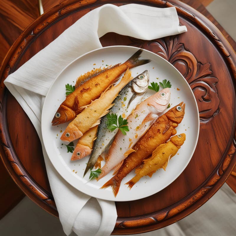 A Table Setting Featuring a Plate of Fish and a Neatly Placed Napkin ...