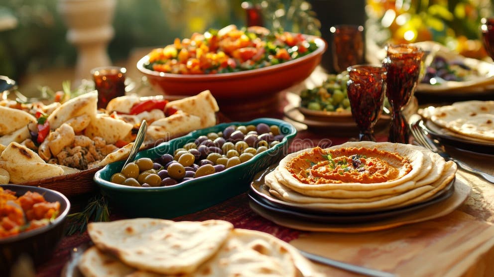 A Table Setting Featuring Various Middle Eastern Dishes Stock ...