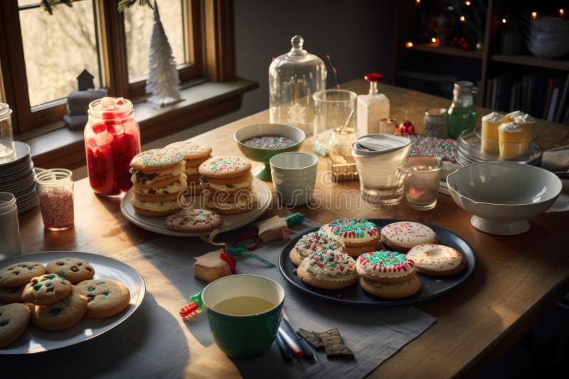 Table Setting with Festive Holiday Decorations, Plates of Assorted ...