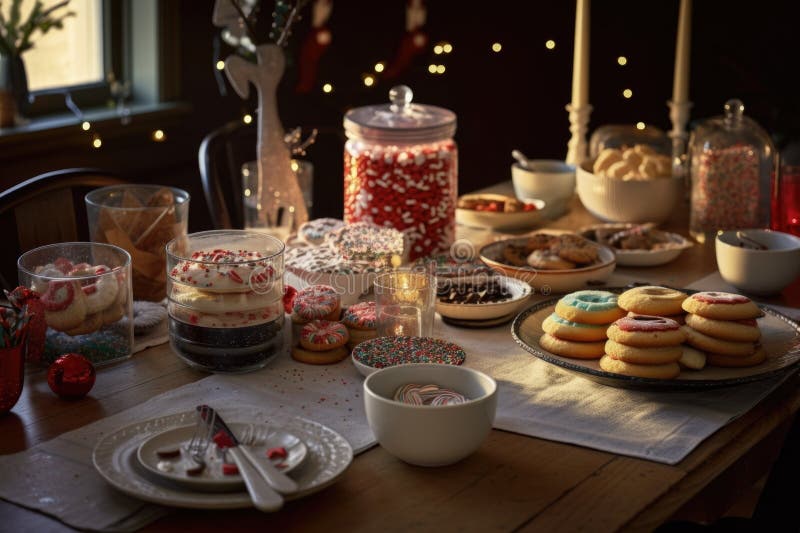 Table Setting with Festive Holiday Decorations, Plates of Assorted ...