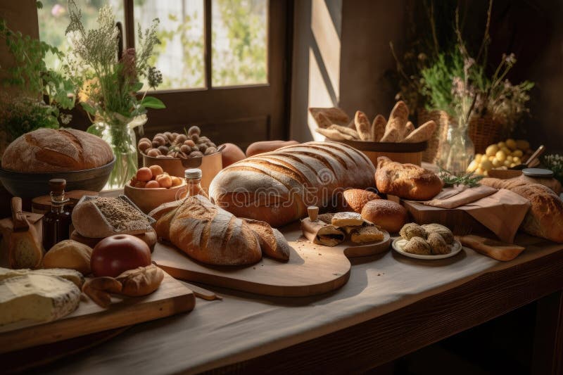 Table Setting, Filled with Fresh Breads of Various Shapes, Sizes and ...