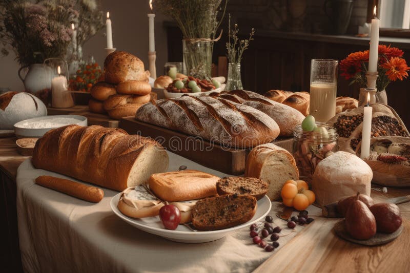 Table Setting, Filled with Fresh Breads of Various Shapes, Sizes and ...