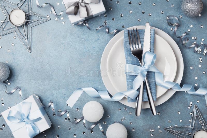 Table Setting with Gift Boxes and Holiday Decorations Top View ...