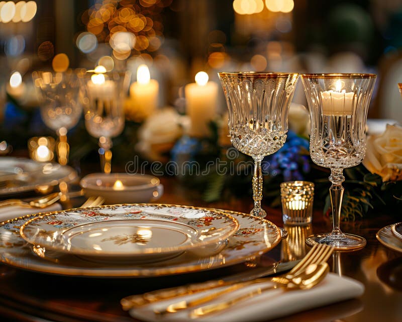 A Table Setting with Gold Plates and Glasses Stock Image - Image of ...