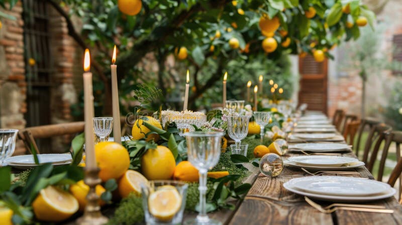 Table Setting with Lemons and Greenery for a Rustic Garden Party Stock ...