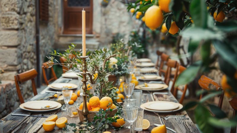 Table Setting with Lemons and Greenery for a Rustic Garden Party Stock ...