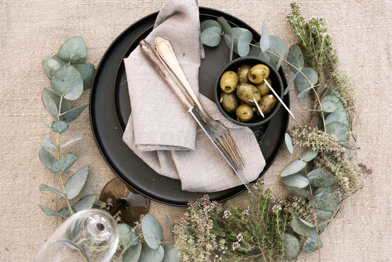 Table Setting in Mediterranean Style with Olives Stock Image - Image of ...