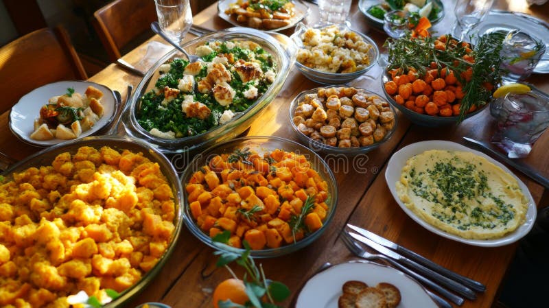 A Table Setting with Multiple Dishes of Food Stock Illustration ...