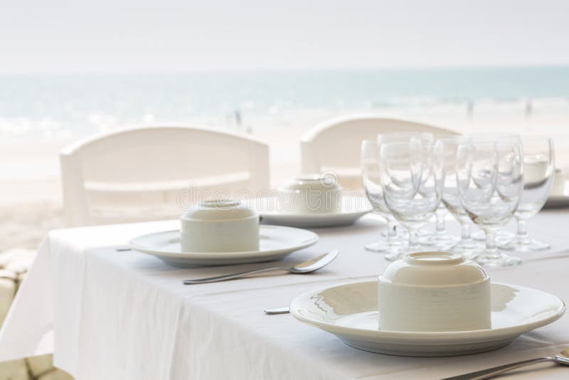 Table Setting Near Beach Restaurant Stock Image - Image of outdoor ...