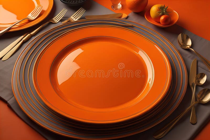 Table Setting with Orange Plates and Cutlery. Generative Ai Stock ...