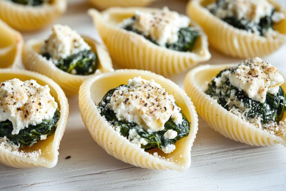 A Table Setting with Pasta Shells Filled with Cheese and Spinach ...