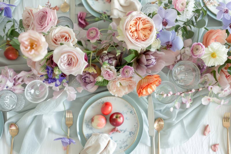 Table Setting with Pastel Colored Floral Centerpieces. Generative AI ...