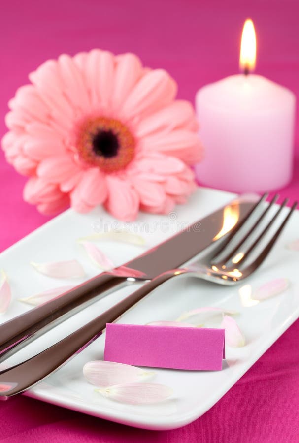 Table setting in pink stock photo. Image of candles, banquet - 18182766