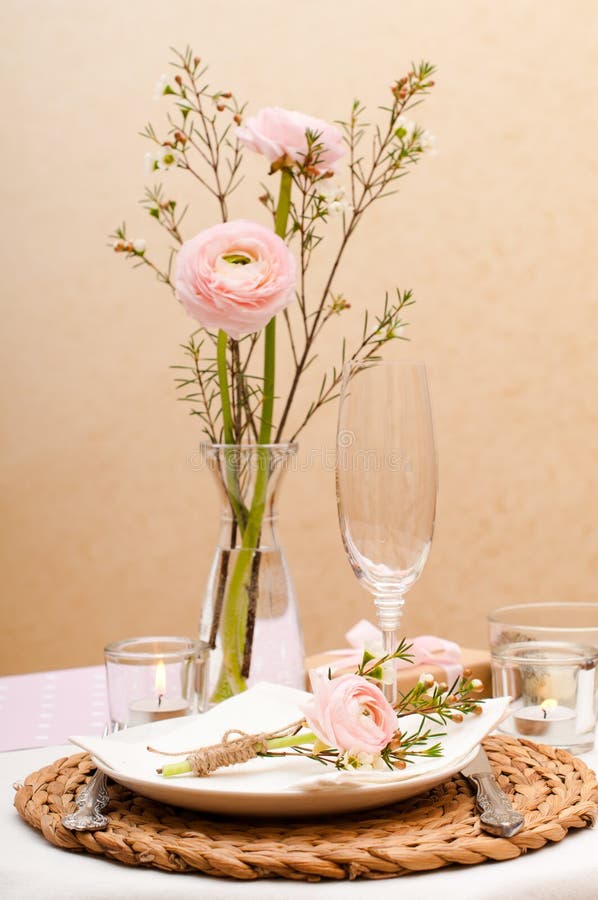 Table Setting with Pink Flowers Stock Photo - Image of festive ...