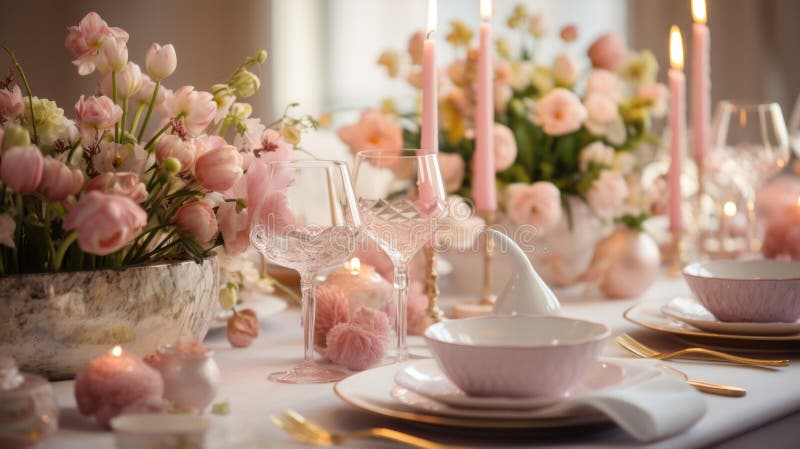 A Table Setting with Pink Flowers and Candles, AI Stock Photo - Image ...