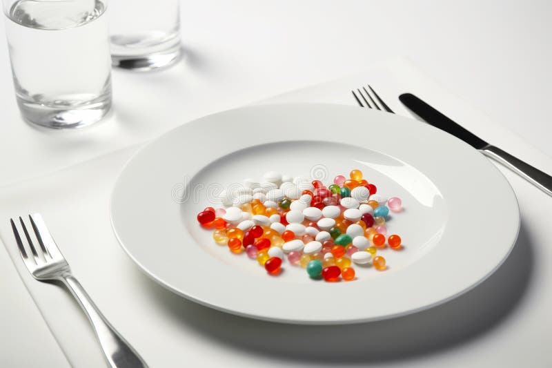 Table Setting with a Plate of Tablets, Capsules and Pills. Taking ...