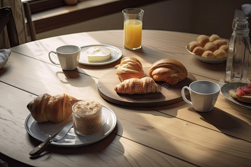 Table Setting, with Plates of Fresh Pastries and Coffee for Breakfast ...