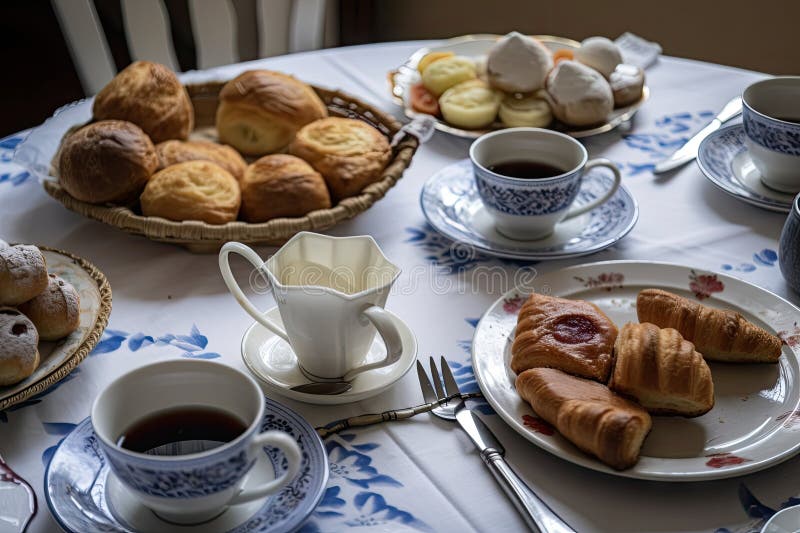 Table Setting, with Plates of Fresh Pastries and Coffee for Breakfast ...