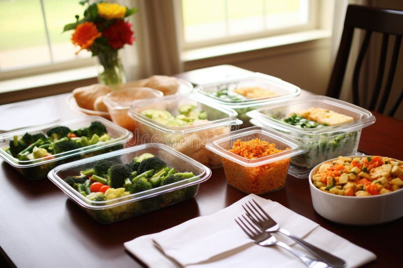 A Table Setting with Portioned Meals in Containers Stock Image - Image ...