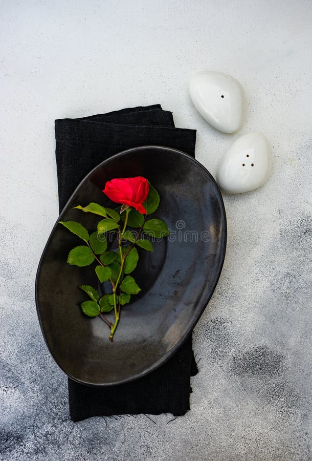 Table Setting with Red Rose Stock Photo - Image of concrete, gift ...