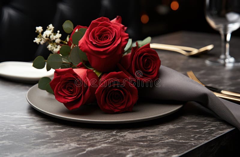 Table Setting with Red Roses on a White Marble Base Stock Photo - Image ...