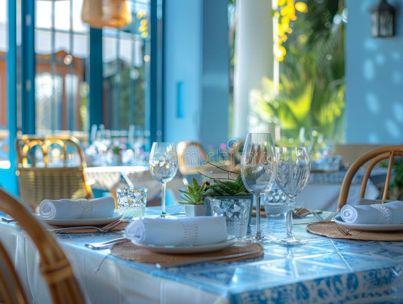 Table Setting in the Restaurant Interior Light Blue Tones Mediterranean ...
