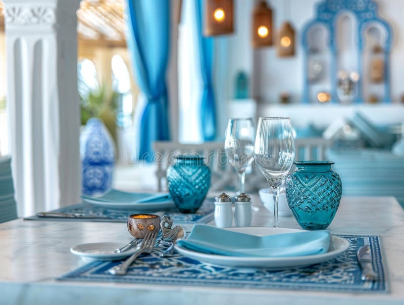 Table Setting in the Restaurant Interior Light Blue Tones Mediterranean ...