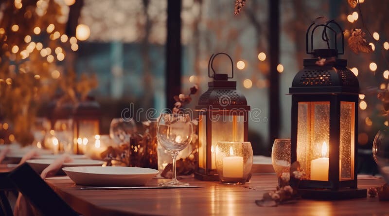 Table Setting in a Restaurant with Lanterns and Candles Stock Photo ...