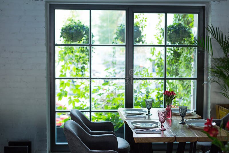 Restaurant, Lunch Time. Dinner Table6 Big Window To the Garden. Stock ...