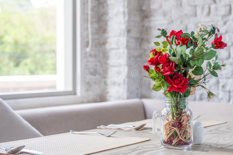 Table Setting with Rose in Restaurant Stock Photo - Image of dining ...