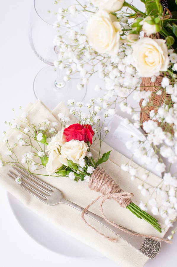 Table Setting with Roses in Bright Colors and Vintage Crockery Stock ...