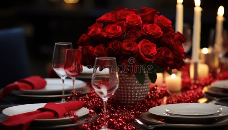 Table Setting and Roses, in the Style of Mood Lighting, Romantic ...