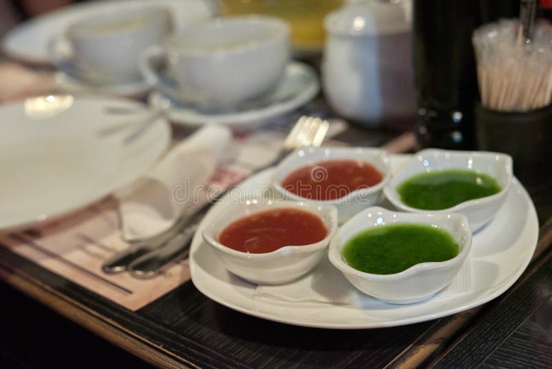 Table setting with sauces stock image. Image of empty - 108898651