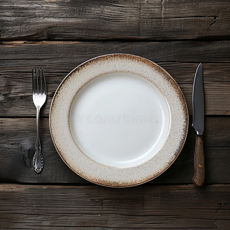 Table Setting Simplicity Empty Plate, Fork, Knife on Rustic Wood Stock Illustration ...