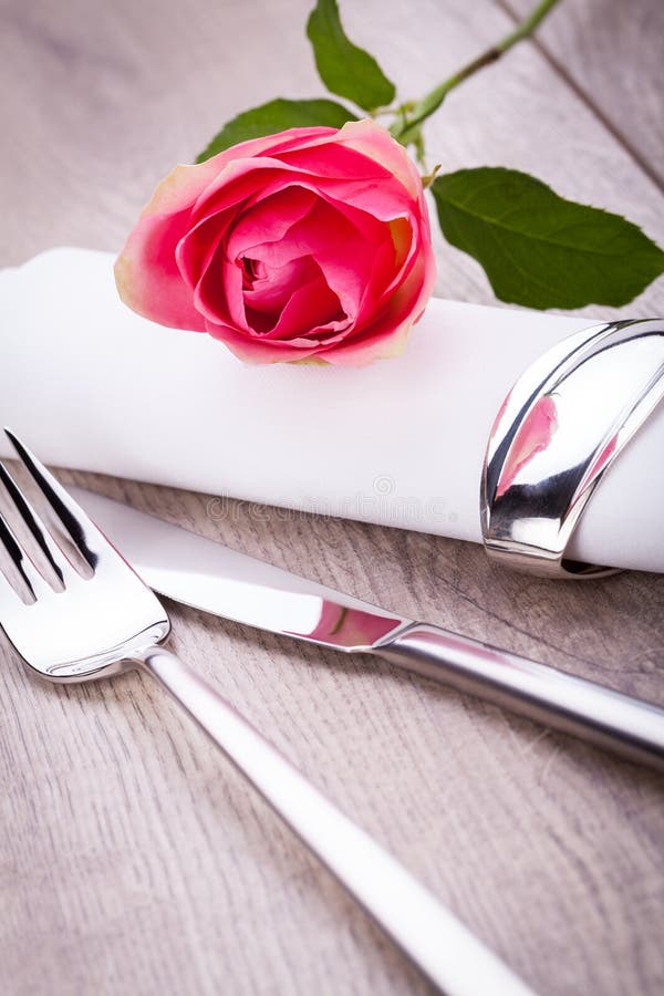 Table Setting with a Single Pink Rose Stock Image - Image of ...
