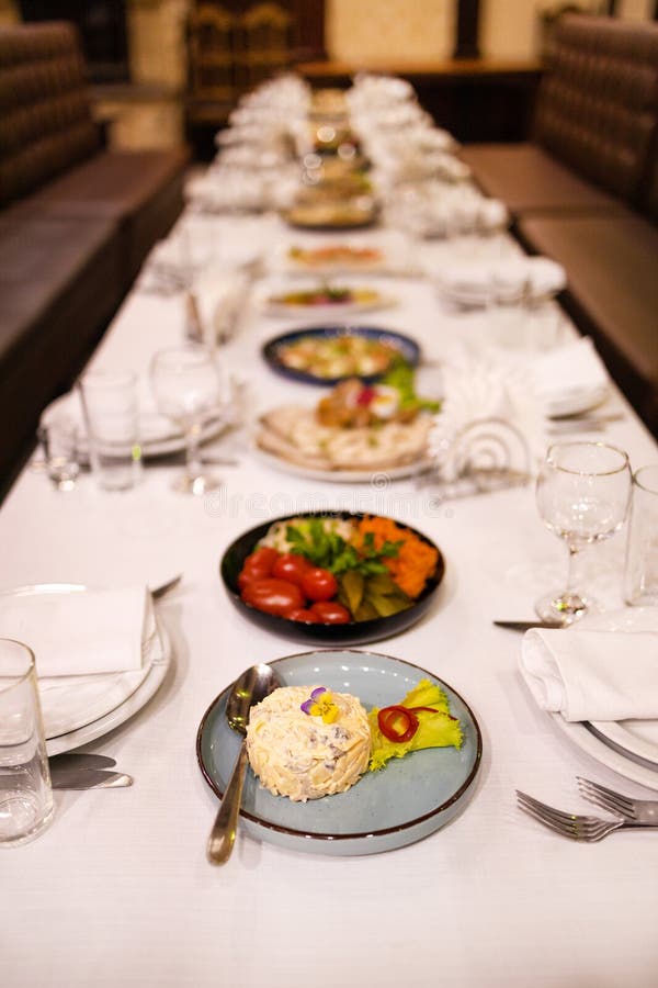 Table Setting with Snacks, Fine Restaurant Dinner Table Place Setting ...