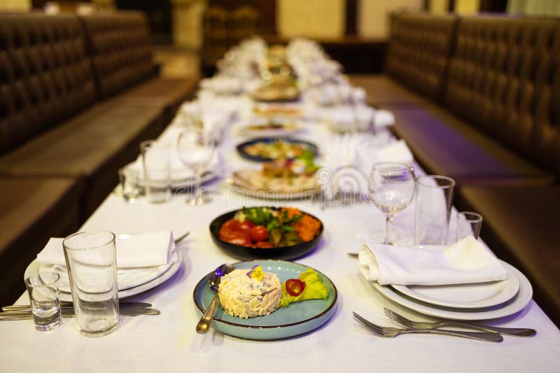 Table Setting with Snacks, Fine Restaurant Dinner Table Place Setting ...