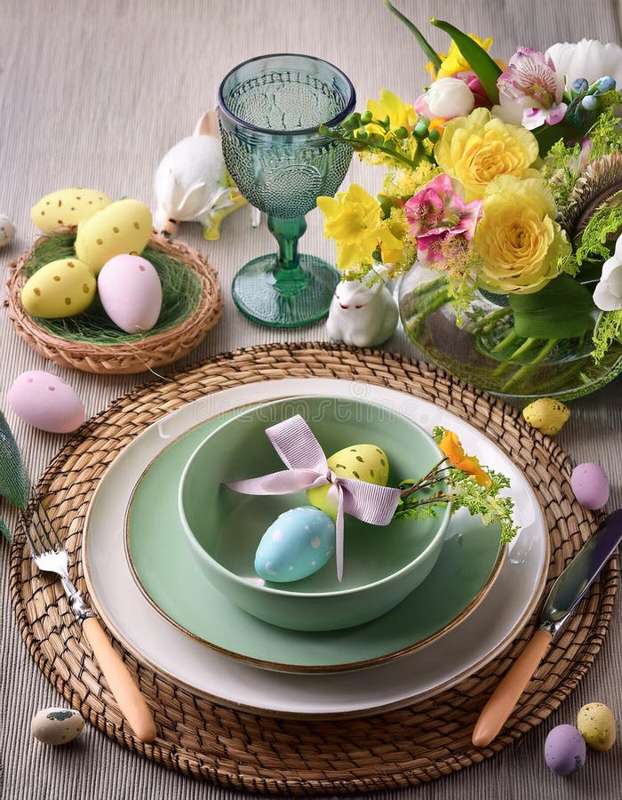 Table Setting with Spring Flowers and Easter-themed Decorations Stock ...