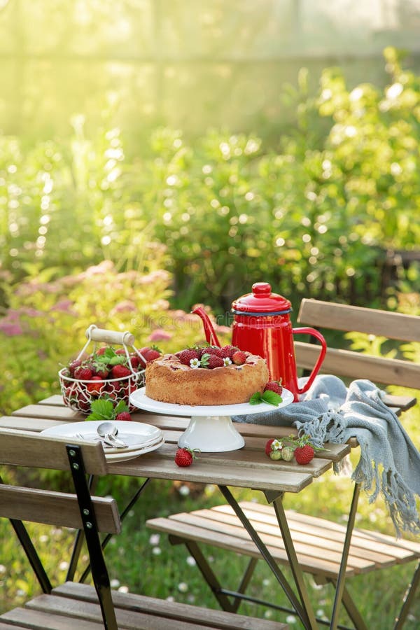 Table Setting with Summer Strawberry Cake in a Garden Stock Image ...