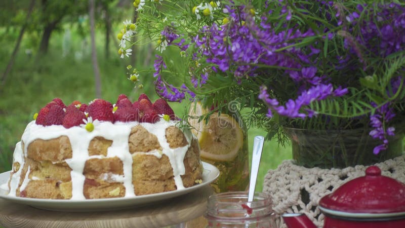 Table Setting with Summer Strawberry Cake Stock Video - Video of ...