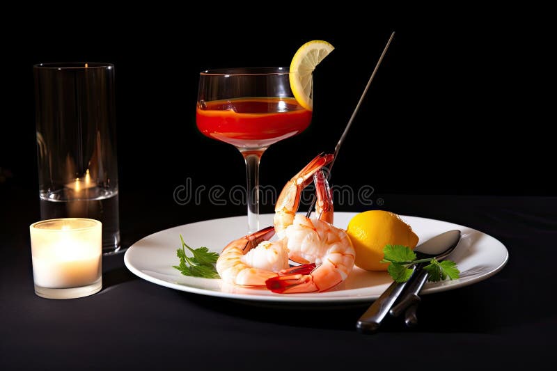 Table Setting with Tiger Shrimp Prawns, Cocktail Sauce, and Lemon ...