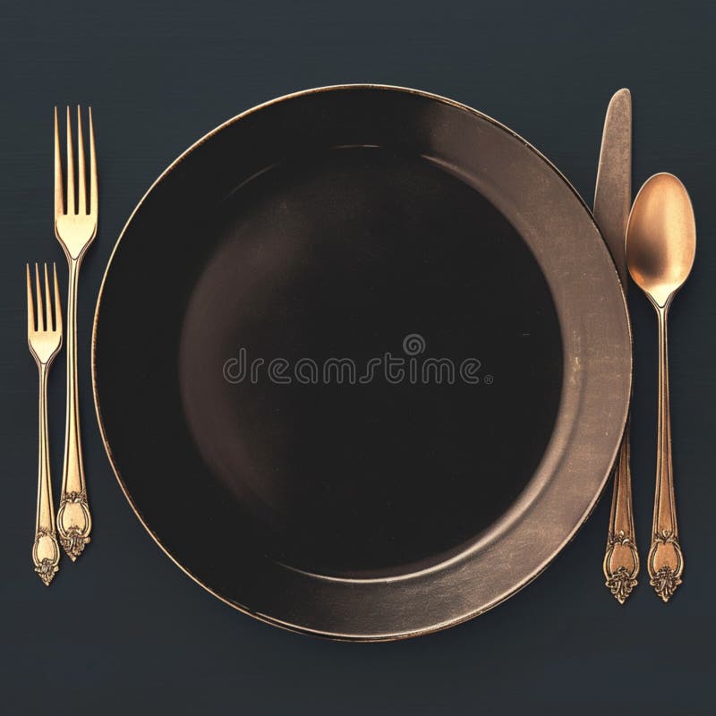 Table Setting Top View of an Empty Black Plate, Utensils Stock ...