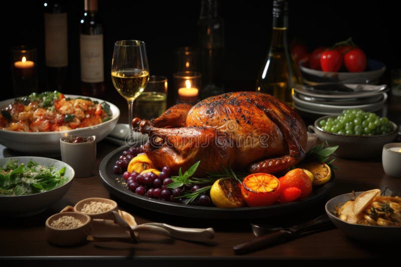 Table Setting for Traditional Thanksgiving Day. Turkey with Vegetables ...