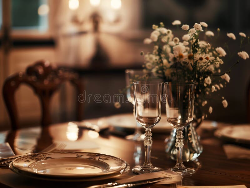 Table Setting with Two Plates, Silverware, and Glasses Stock Image ...
