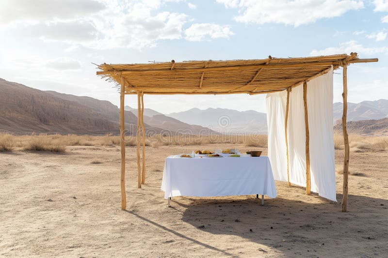Table Setting Under Canopy in Desert for Romantic Dinner Sukkah Stock ...