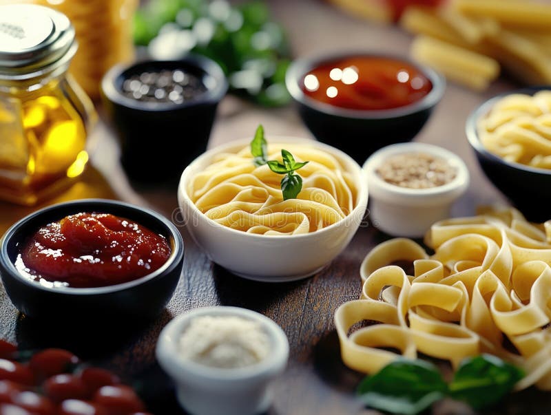 Pasta bar with condiments stock photo. Image of plate - 376050228