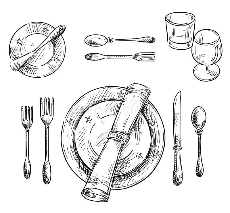 Table Setting. Vector Sketch. Stock Vector - Illustration of line ...